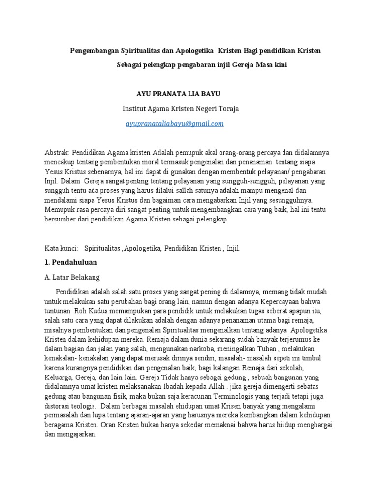Pengembangan Spiritualitas Dan Apologetika Kristen Bagi Pendidikan Kristen Sebagai Pelengkap ...