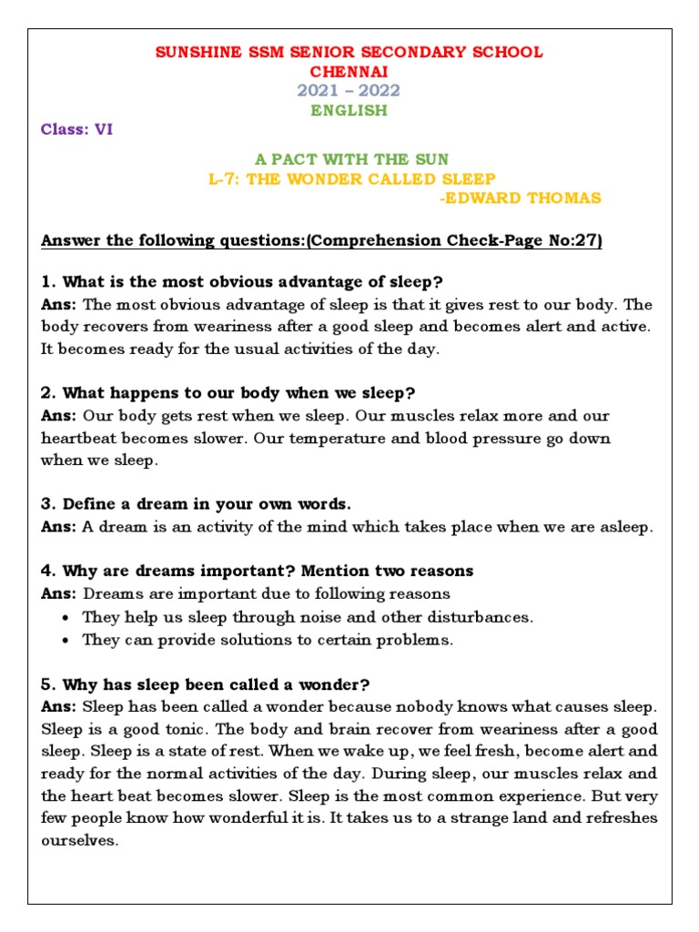 L-7: The Wonder Called Sleep - Edward Thomas: Sunshine SSM Senior ...