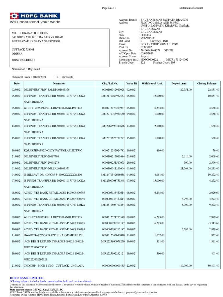 HDFC Bank Account Statement Aug-Dec 2021 | PDF | Trade | Business