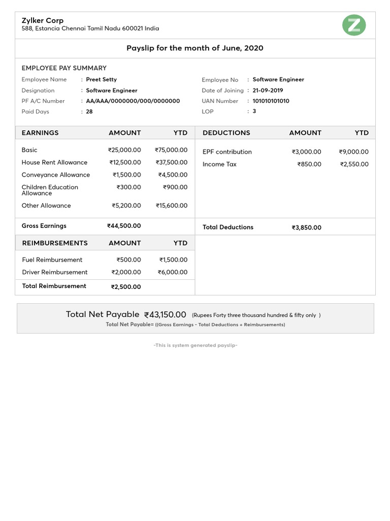 Zylker Corp June 2020 Payslip Sample | PDF