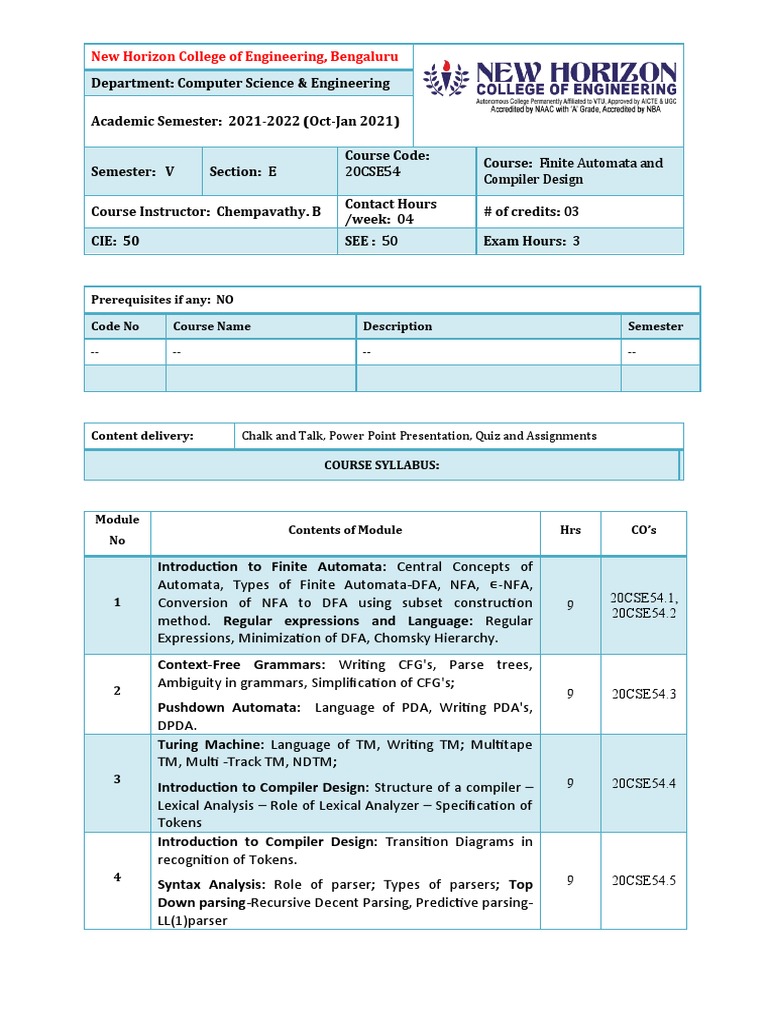 CSE Syllabus: Finite Automata & Compiler Design | PDF | Parsing | Grammar