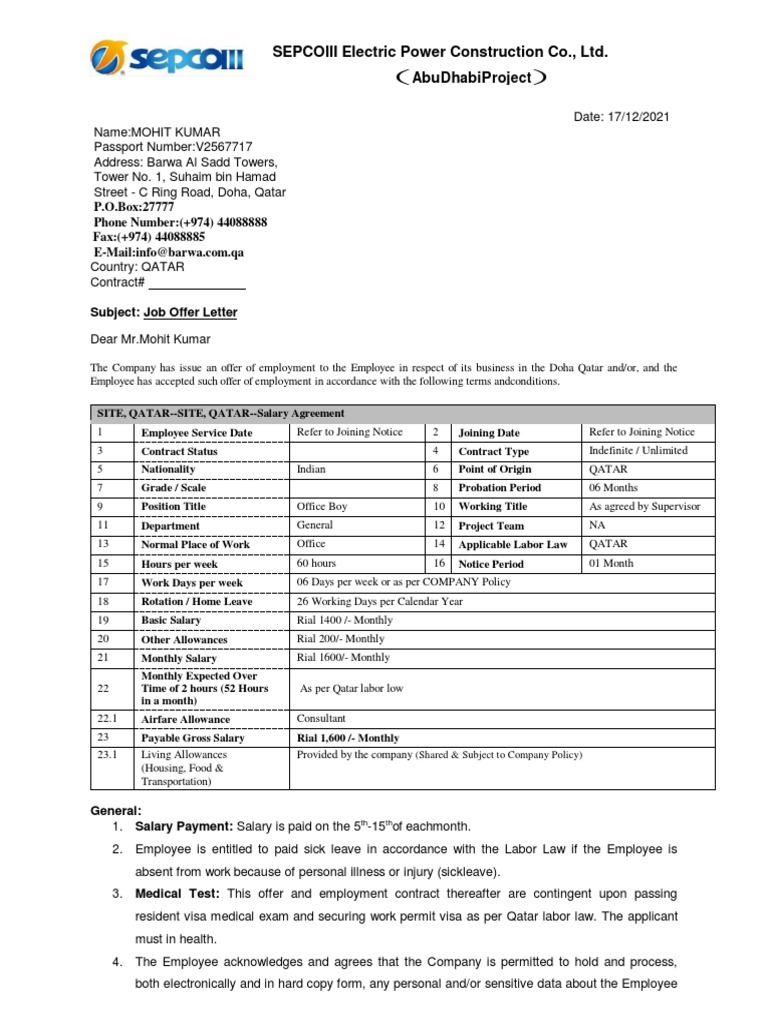 SEPCOIII Qatar Job Offer Letter | PDF | Employment | Salary
