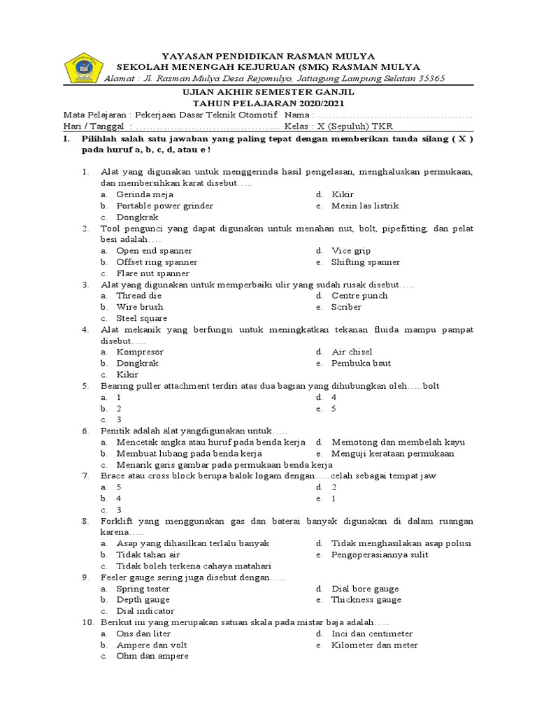 Soal Uas Ganjil X TKR Pdto | PDF