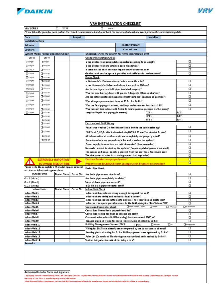 Daikin VRV Commissioning Checklist | PDF | Electrical Wiring ...