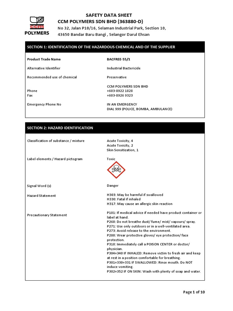 Safety Data Sheet CCM Polymers SDN BHD (363880-D) | PDF | Working ...