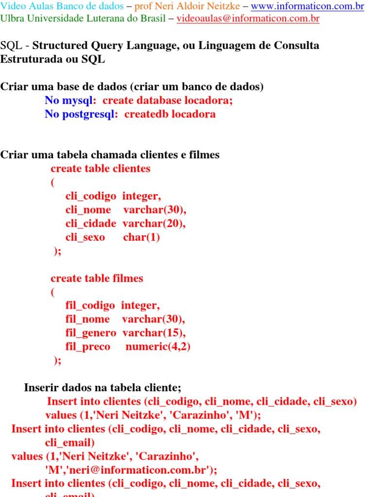 Neri SQL Bancos | PDF | SQL | Tabela (banco de dados)