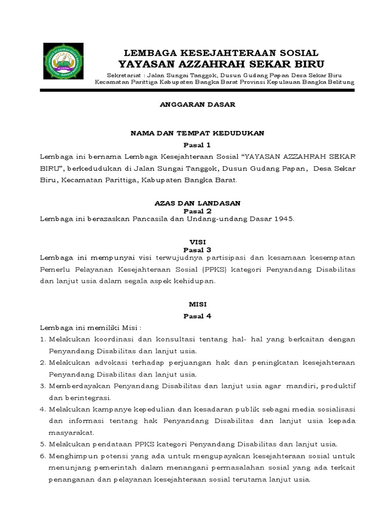 Anggaran Dasar LKS Azzahrah Sekar Biru | PDF