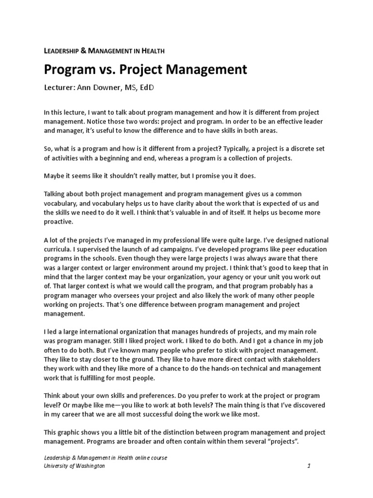 Program vs. Project Management: Lecturer: Ann Downer, MS, Edd | PDF ...