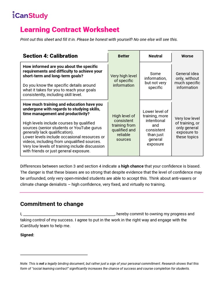 Learning Contract Worksheet Section 4 | PDF | Cognition | Cognitive Science