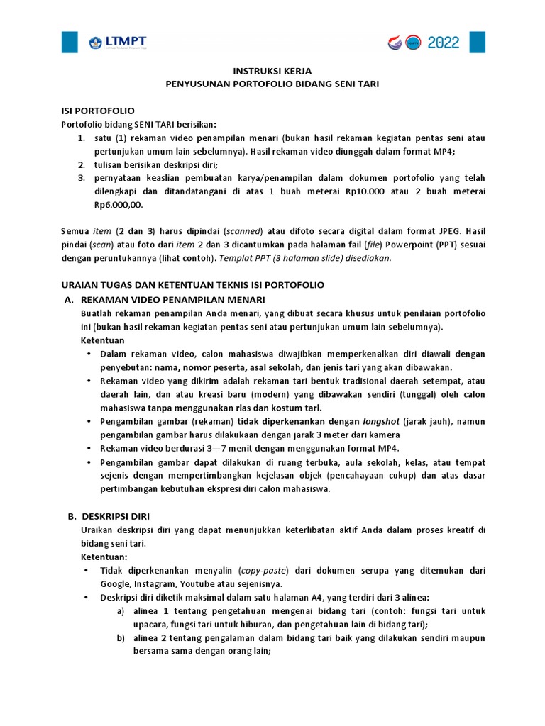 03 Instruksi Kerja Portofolio Senitari (2022) | PDF