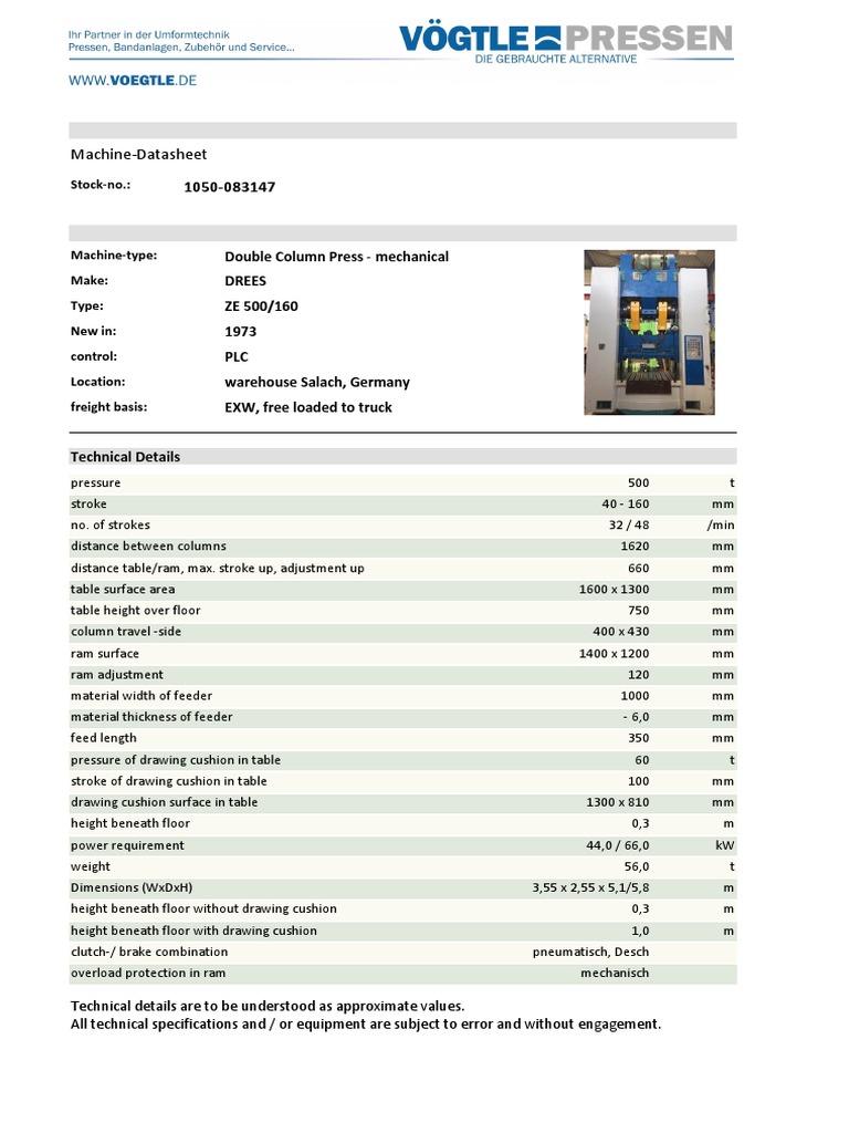 Machine-Datasheet: Double Column Press - Mechanical Drees | PDF ...