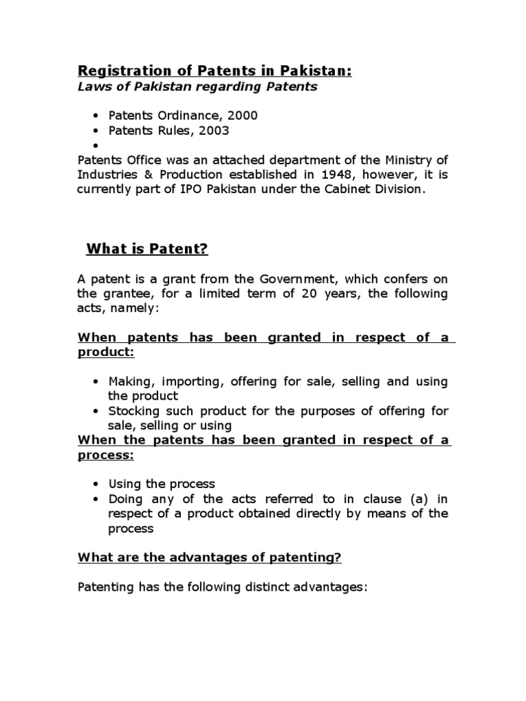 Registration of Patents in Pakistan | PDF | Patent Application ...