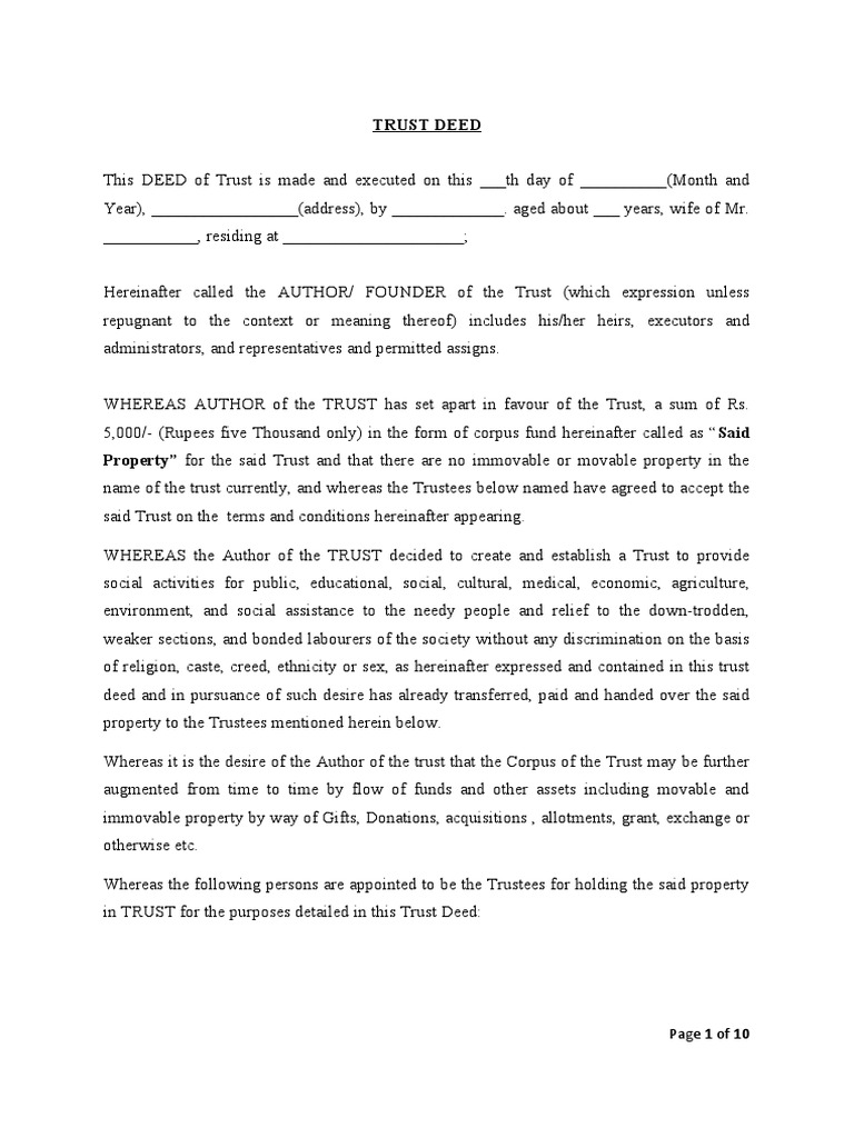 Trust Deed For Survivors Trust-Sample | PDF | Trust Law | Property