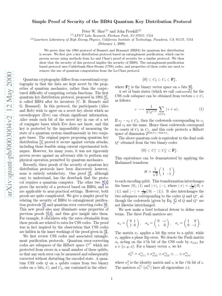 Simple Proof of Security of The BB84 Quantum Key Distribution Protocol | PDF | Theoretical ...