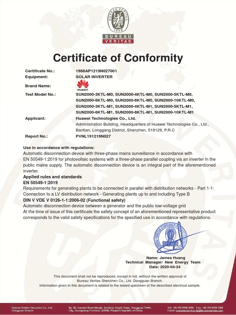 Zertifikat EN50549 1 Huawei SUN2000 3 10KTL M1 Rumänien | PDF