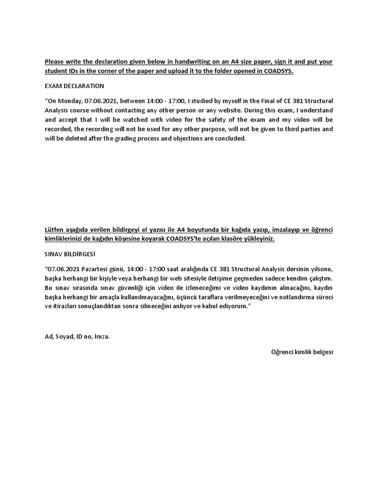 Ce 381 Final Exam Declaration | PDF