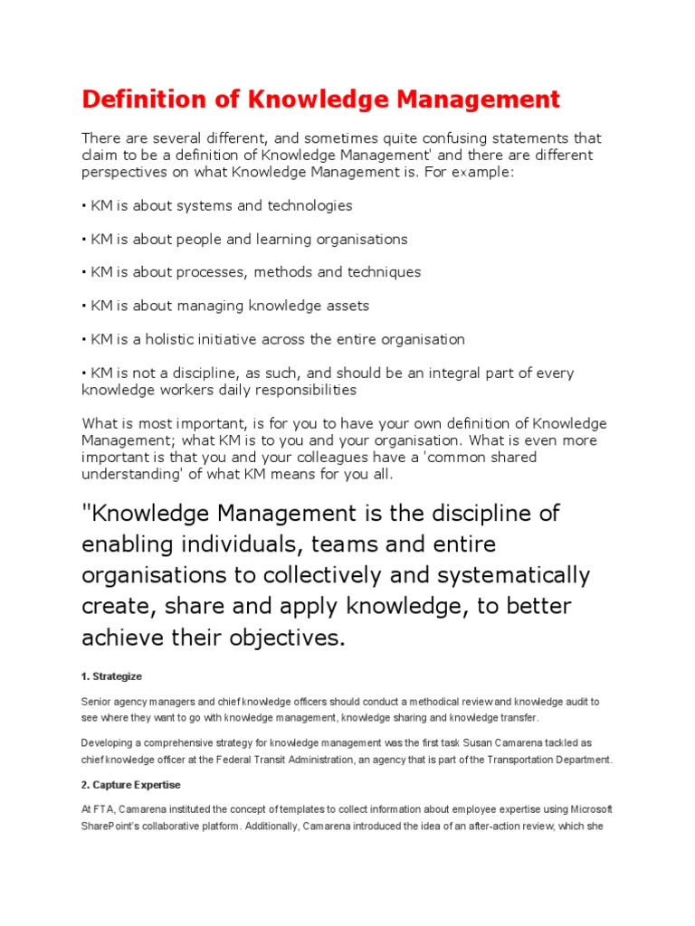 Definition of Knowledge Management: 1. Strategize | PDF | Data ...