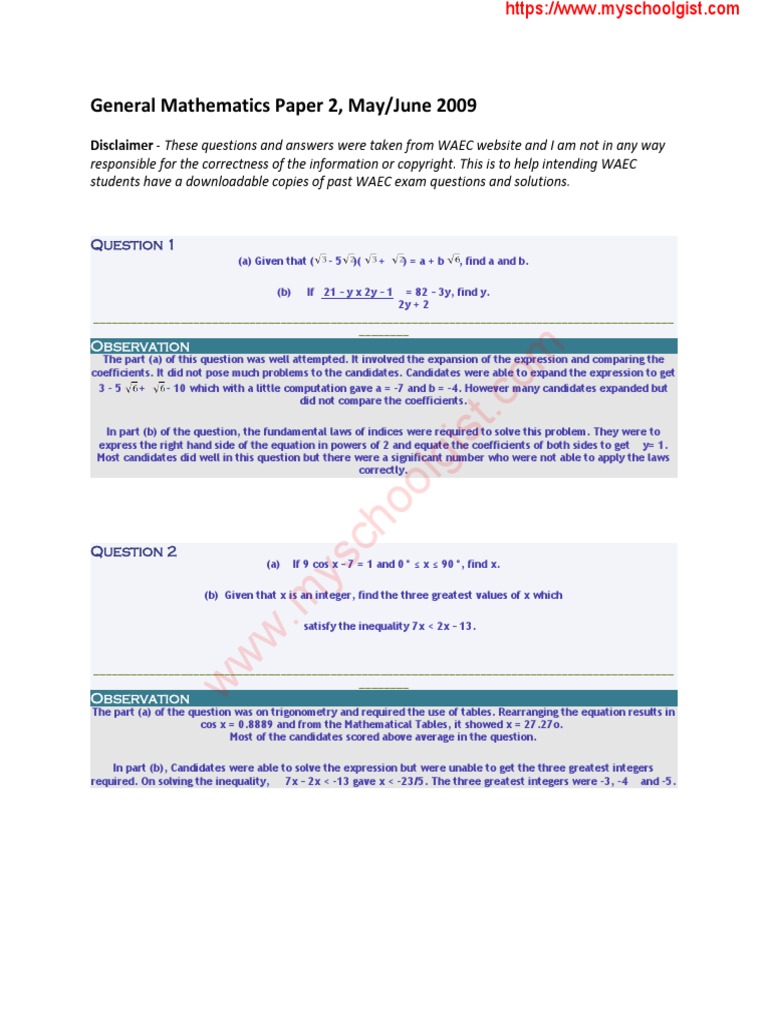 Waec Mathematics Past Questions and Answers May June 2009 | PDF ...