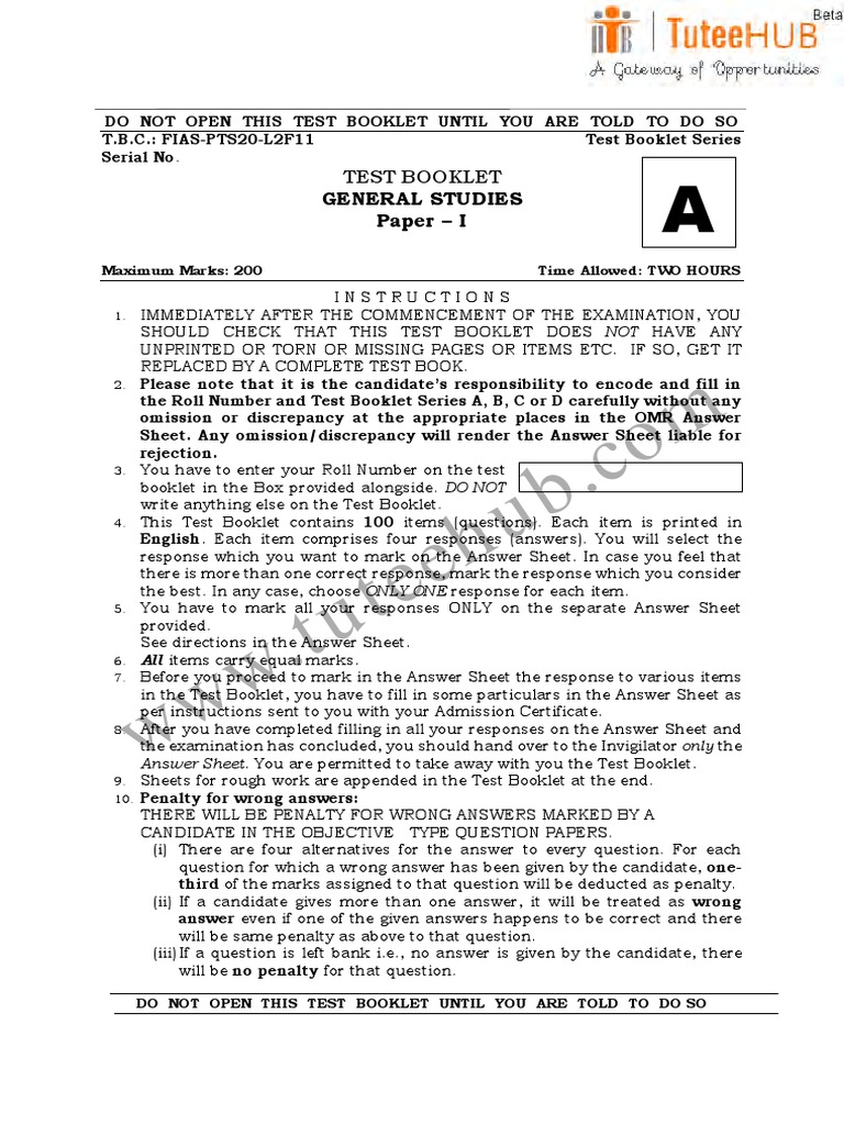 General Studies Paper - I: Test Booklet | PDF