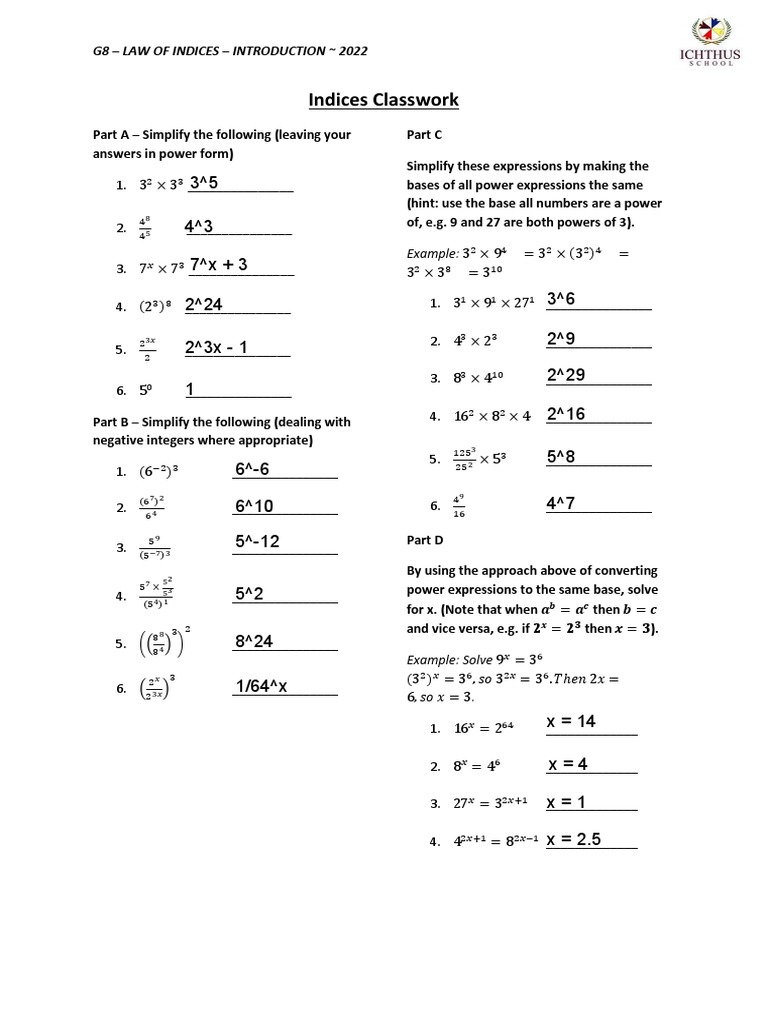 Indices Classwork: G8 - Law of Indices - Introduction 2022 | PDF ...