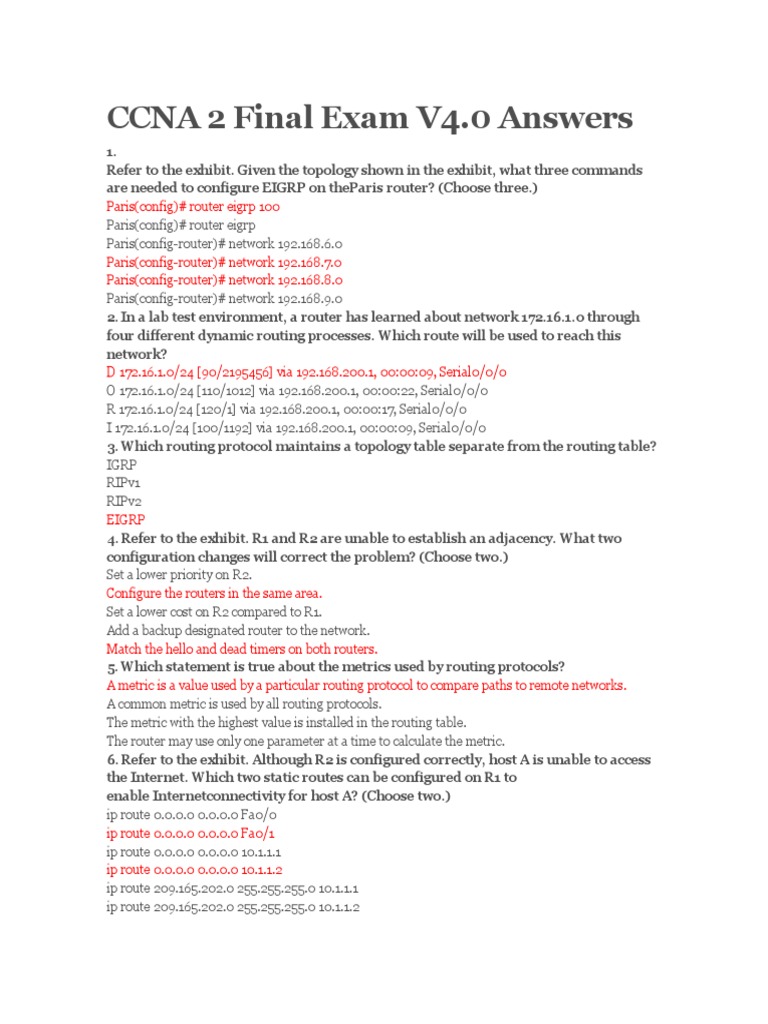 CCNA 2 Final Exam V4 | PDF | Cisco Systems | Routing
