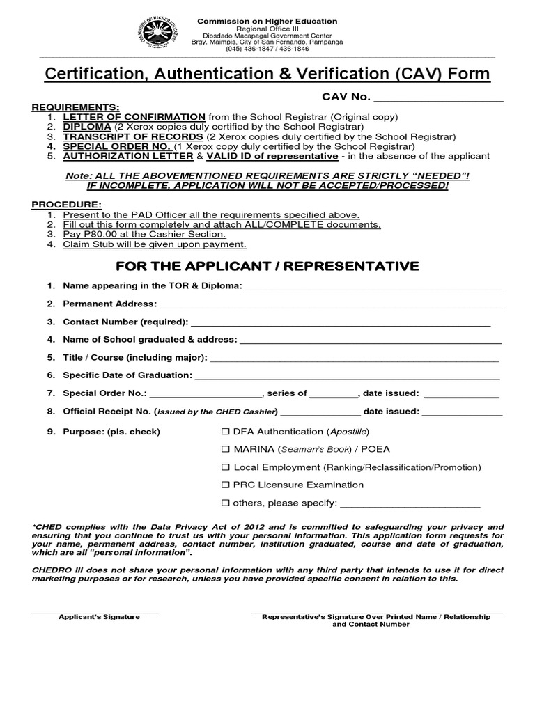 Certification, Authentication & Verification (CAV) Form: For The ...