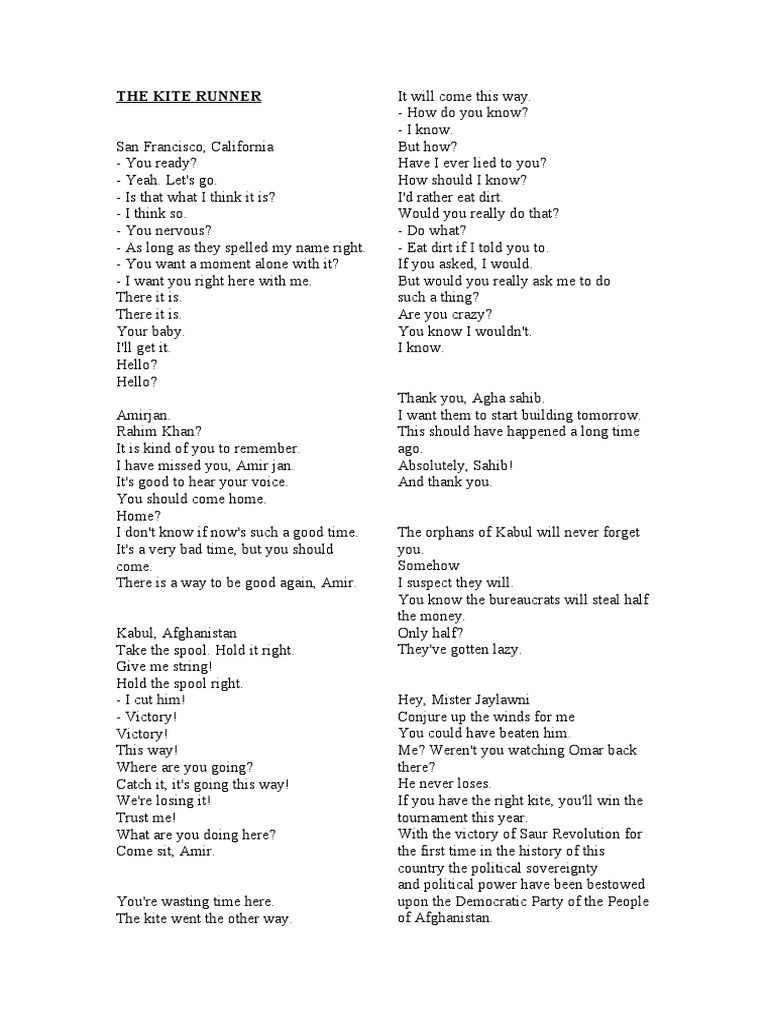 The Kite Runner Screenplay Excerpt | PDF