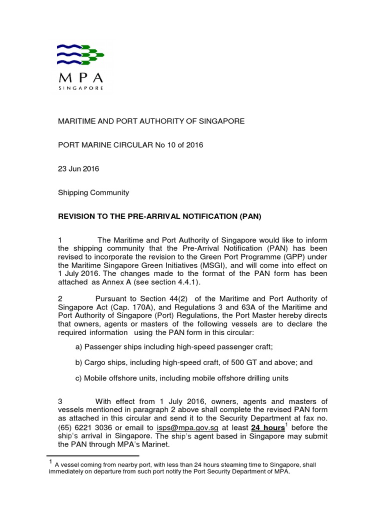 Revision To The Pre-Arrival Notification (Pan) | PDF | Ships | Port