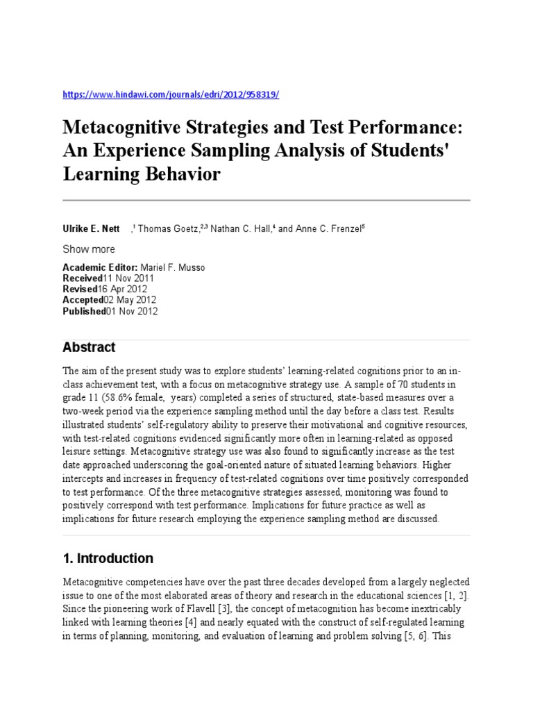10.metacognitive STRATEGIES AND TEST PERFORMANCE | PDF | Metacognition ...