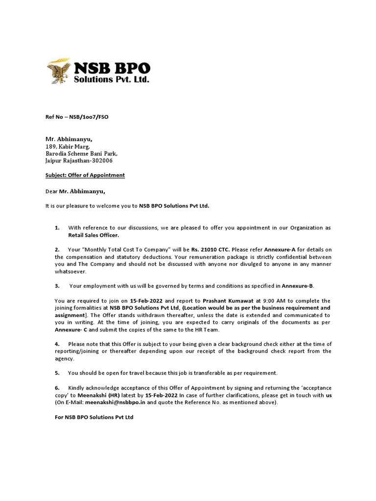 Appointment Letter - Abhimanyu | PDF | Employment | Confidentiality