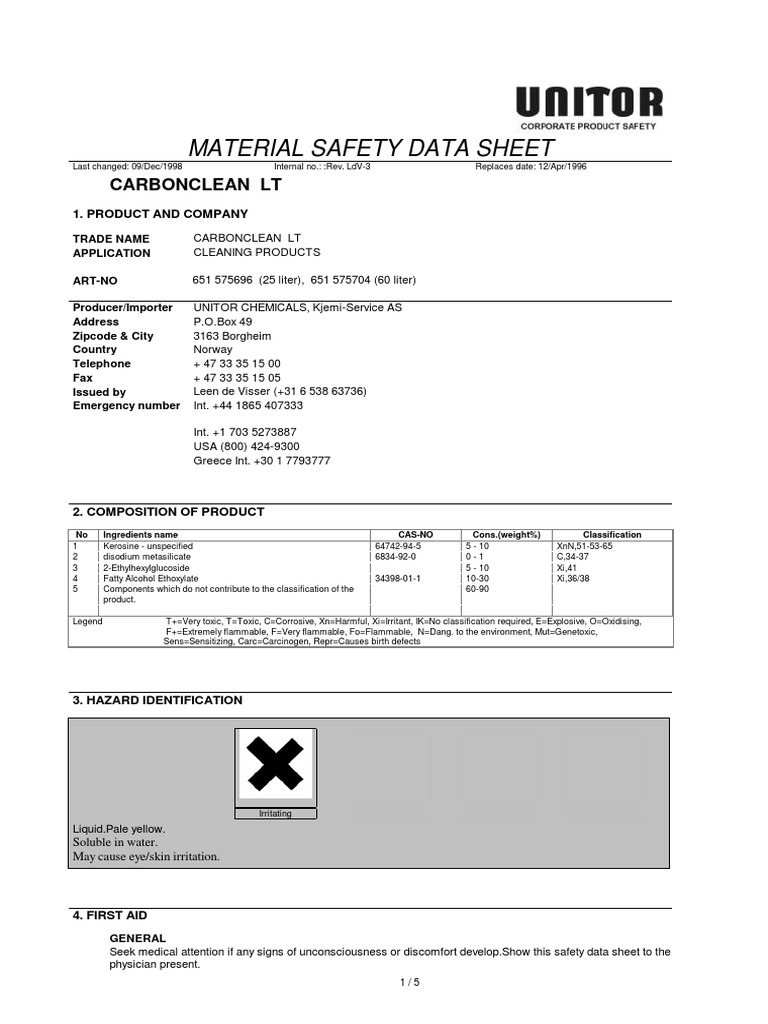 Material Safety Data Sheet: Carbonclean LT | PDF | Firefighting | Water