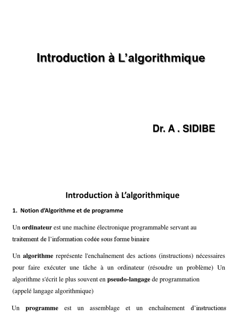 Introduction A L'algorithmique | PDF | Programmation | Programme ...