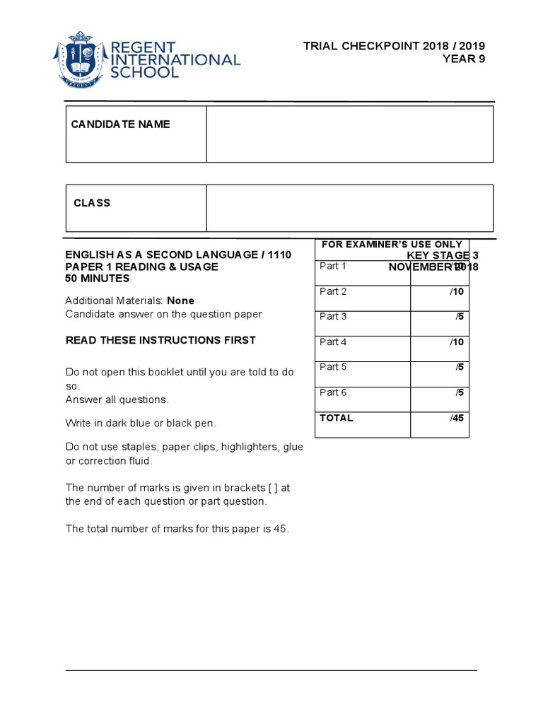 Year 9 English Checkpoint Trial Paper | PDF