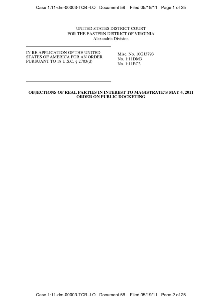 Objections to Public Docketing Order | PDF | Standard Of Review ...