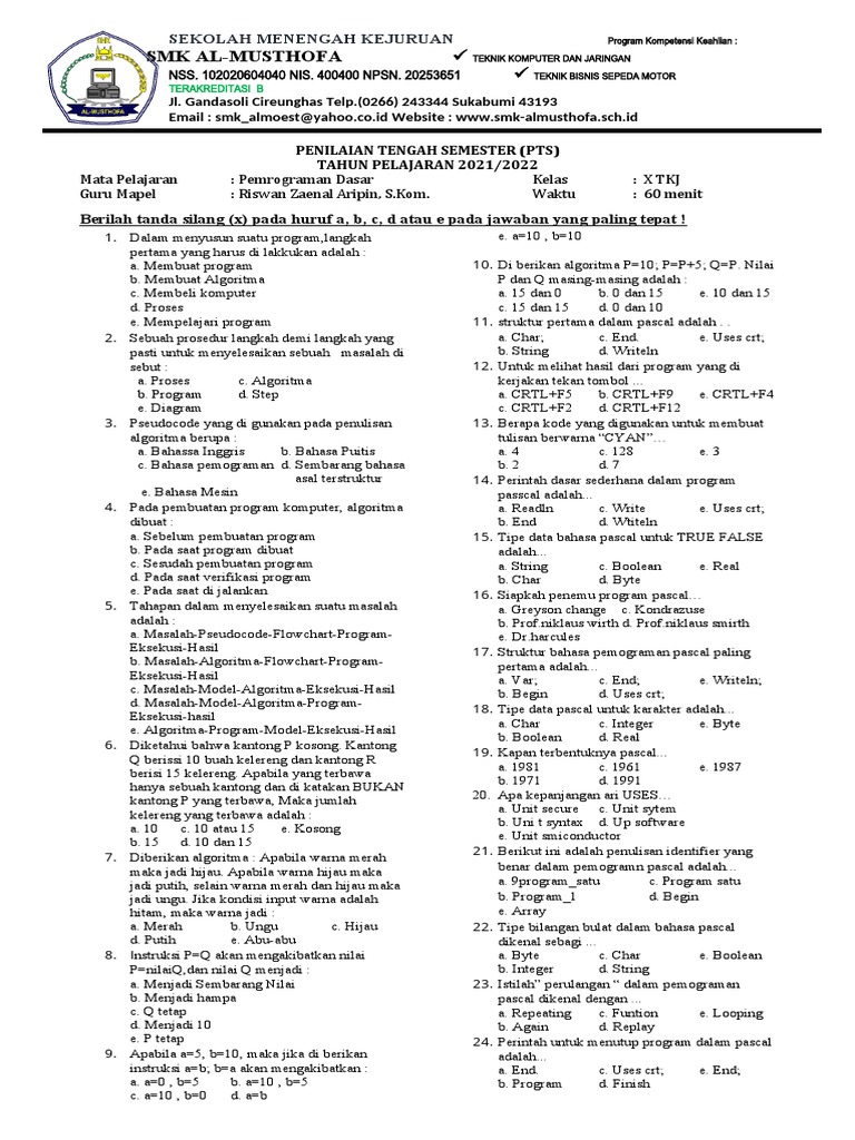 Ujian Pemrograman Dasar SMK | PDF