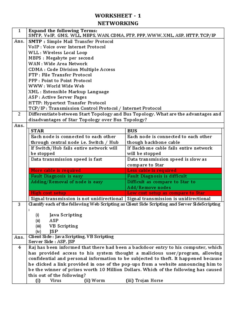 Solution Worksheet Networking | PDF | Network Topology | Computer Network