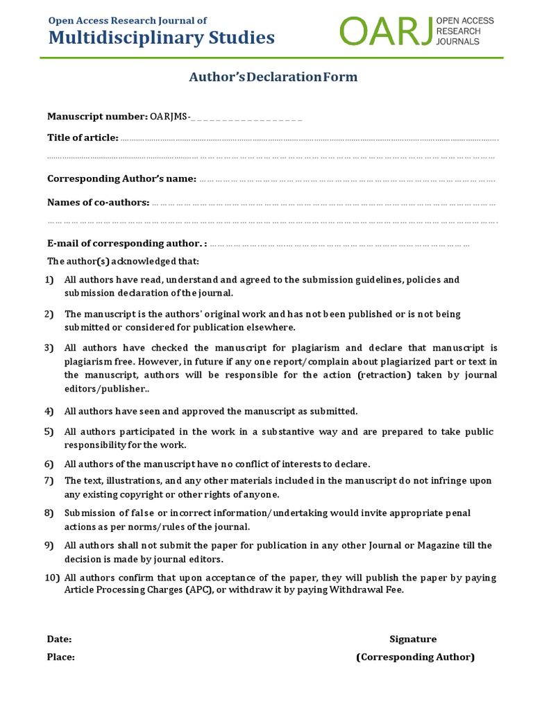 Authors Declaration Form Oarjms Pdf Plagiarism Communication
