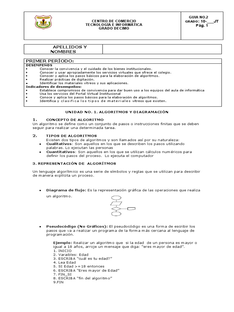 Algoritmos y Diagramacion Guia Decimo 2020 | PDF | Algoritmos | Sustracción