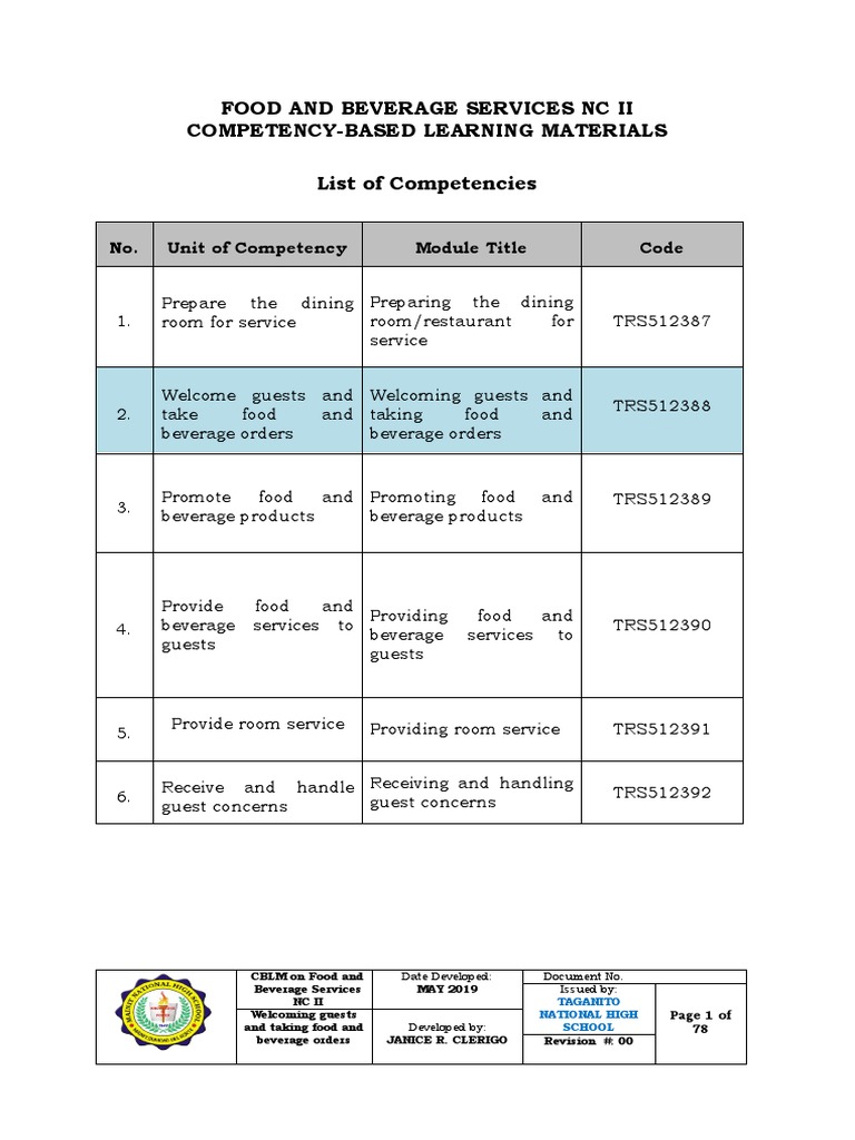 Core Competencies in F&B Services NC II | PDF | Menu | Restaurants