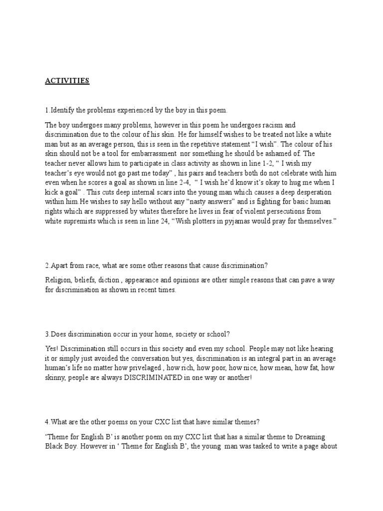 DREAMING BLACK BOY Assignment | PDF | Discrimination