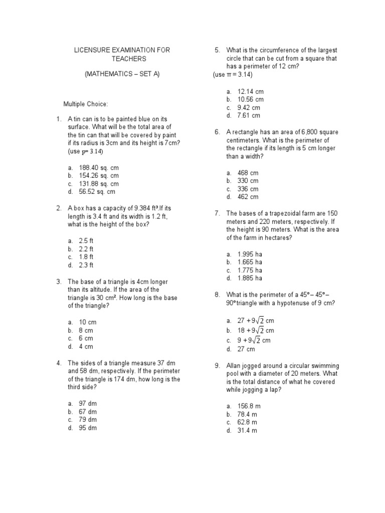 Mathematics Licensure Exam Set A | PDF | Area | Triangle