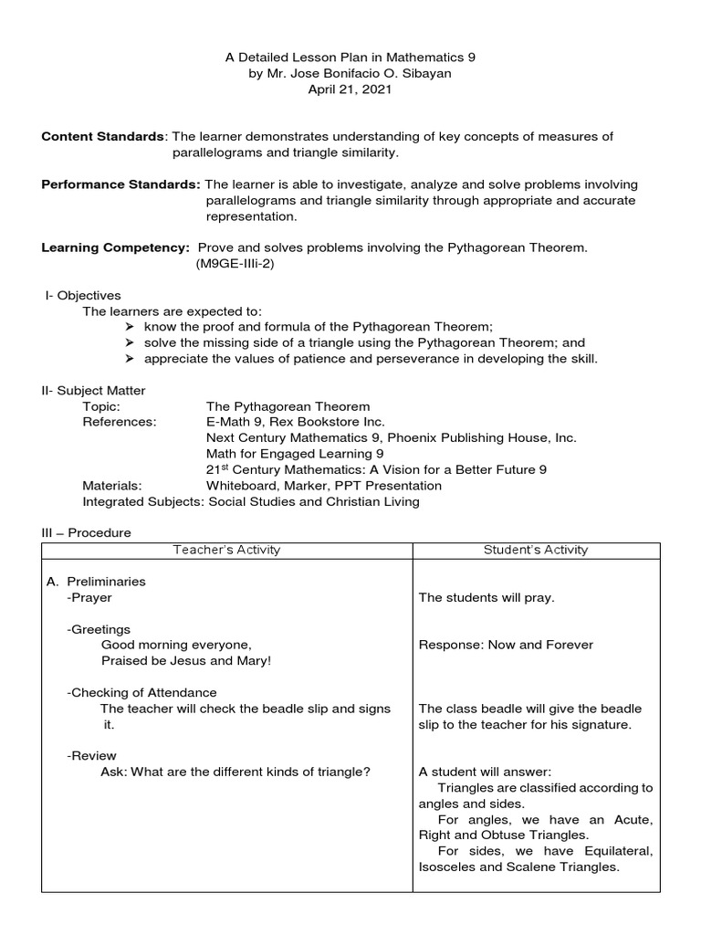 Detailed Lesson Plan in Mathematics 9 - Pythagorean Theorem | PDF ...