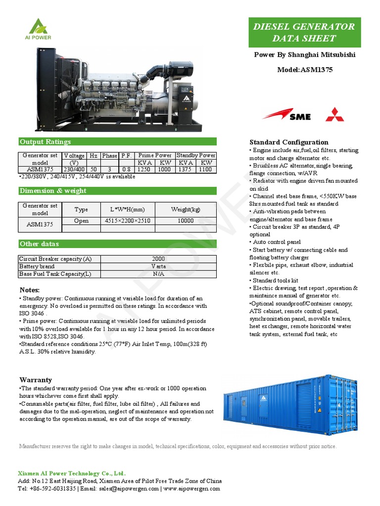 AI Power: Diesel Generator Data Sheet | PDF | Engines | Electrical ...