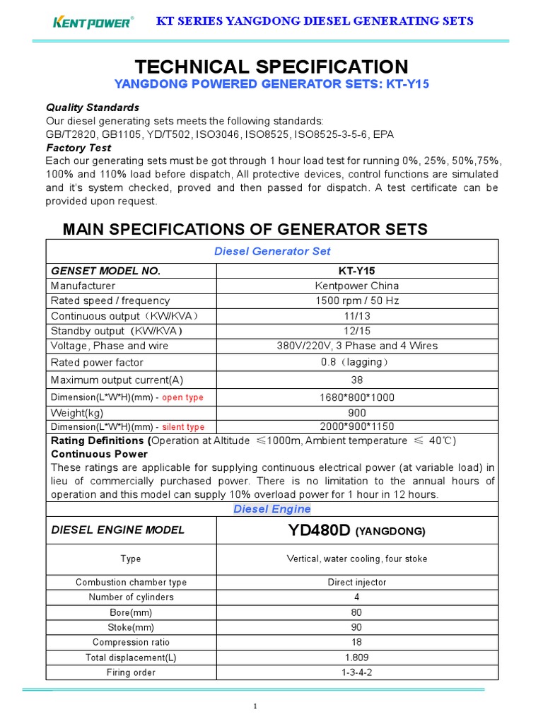 Technical Specification: Main Specifications of Generator Sets | PDF ...