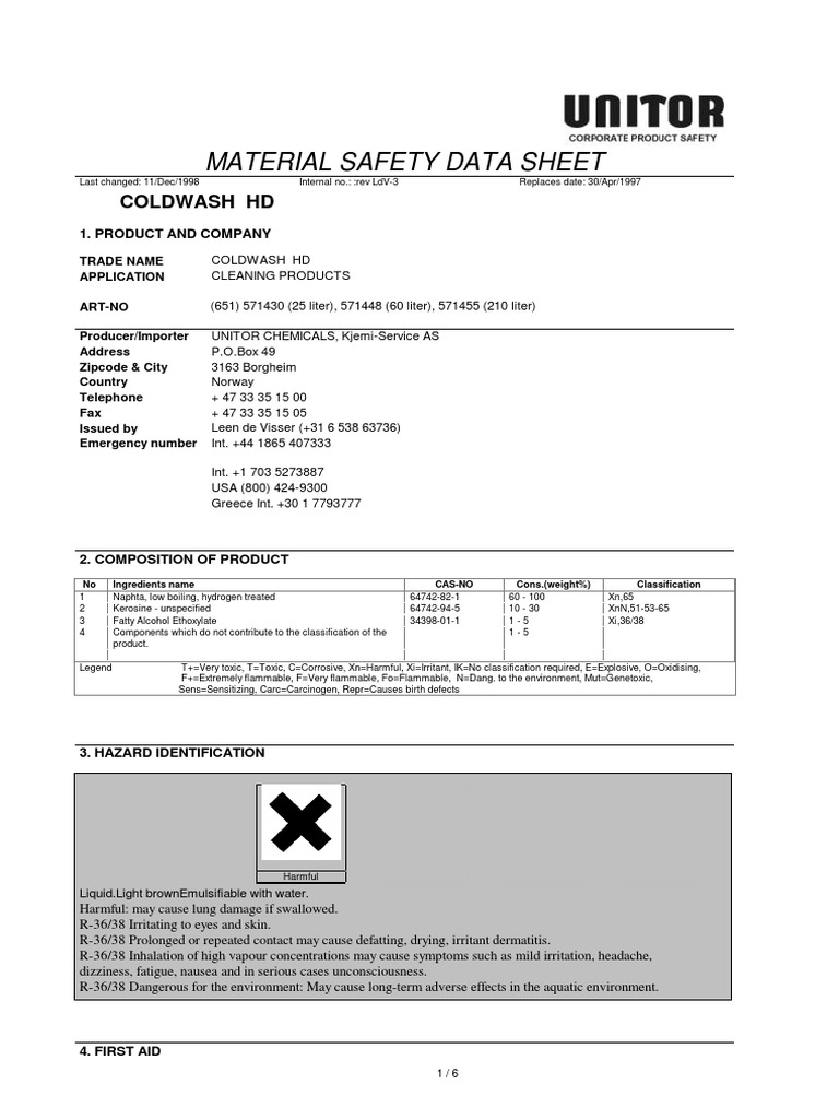 Material Safety Data Sheet: Coldwash HD | PDF | Firefighting | Water