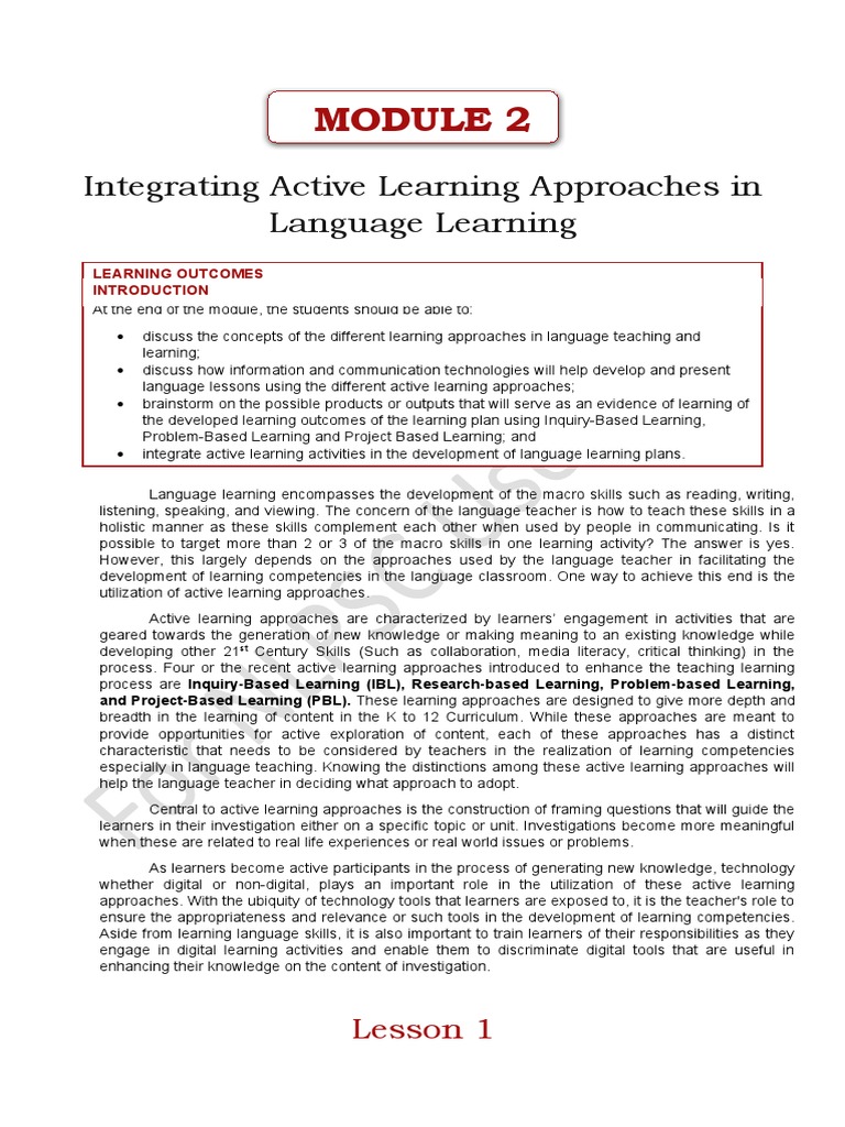 Integrating Active Learning Approaches in Language Learning: Lesson 1 | PDF | Project Based ...