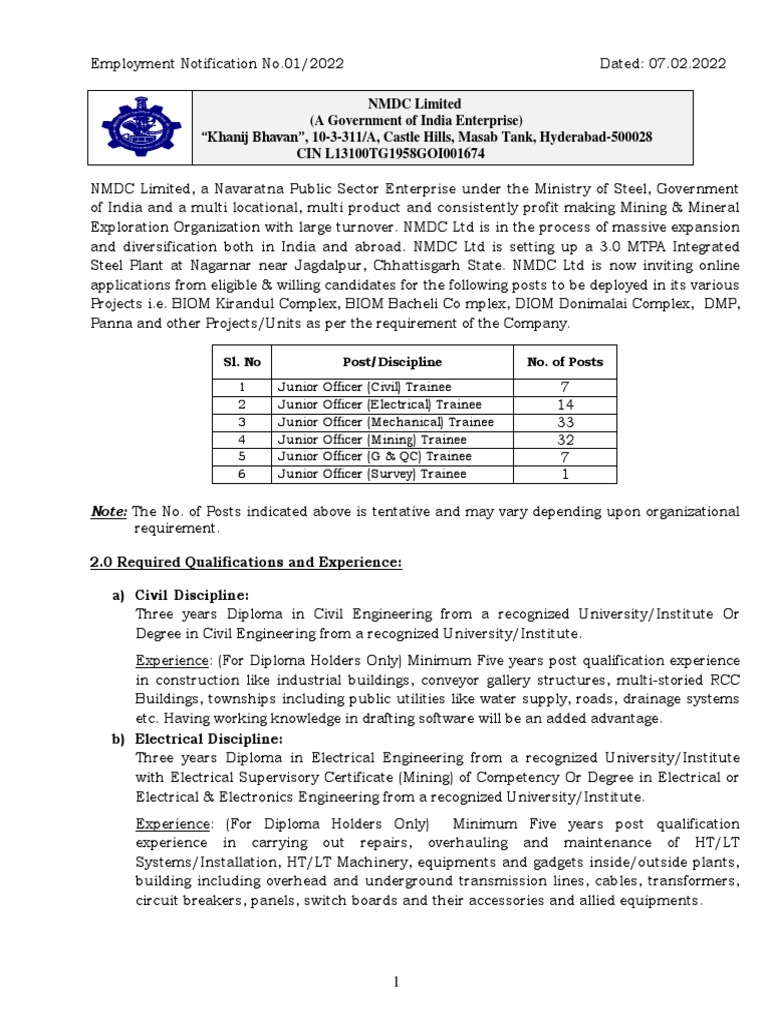 Recruitment Notification for Various Junior Officer Trainee Positions at NMDC Limited | PDF | Fee