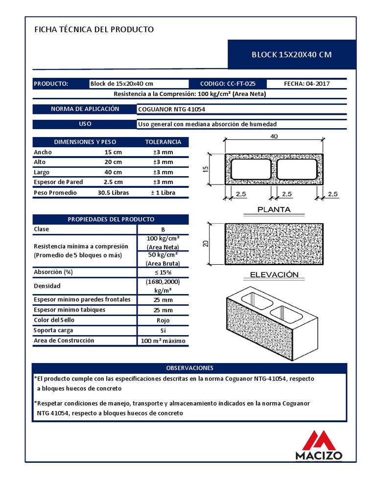 Bloque 15x20x40 cm ficha técnica | PDF
