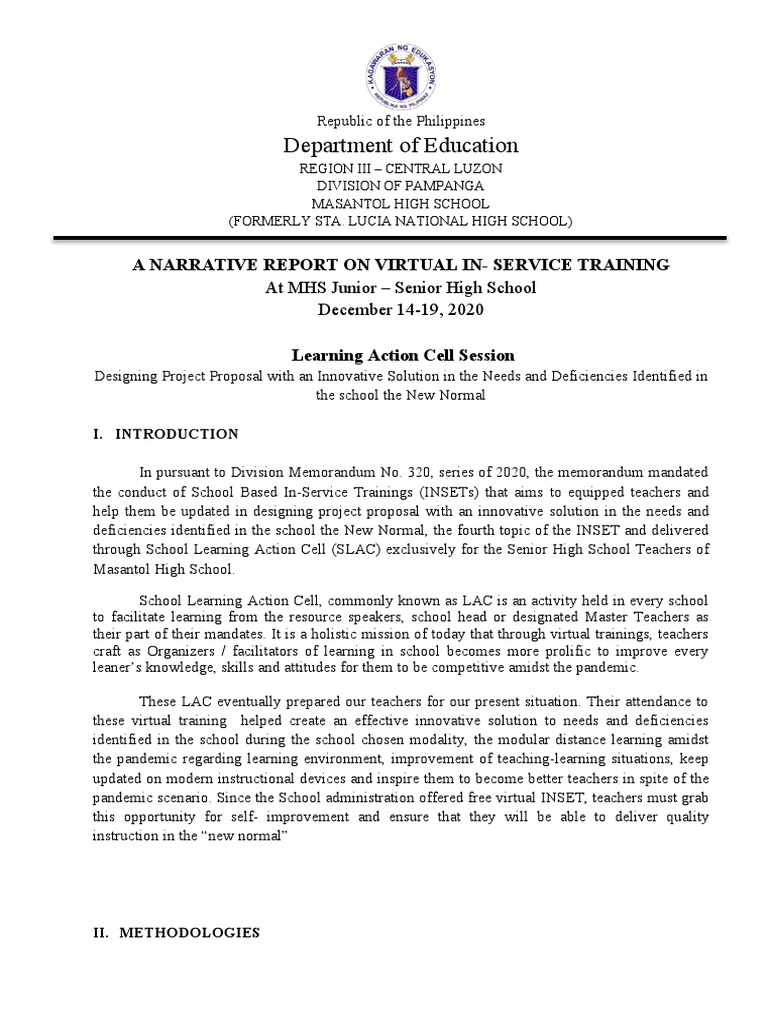 Department of Education: A Narrative Report On Virtual In-Service ...