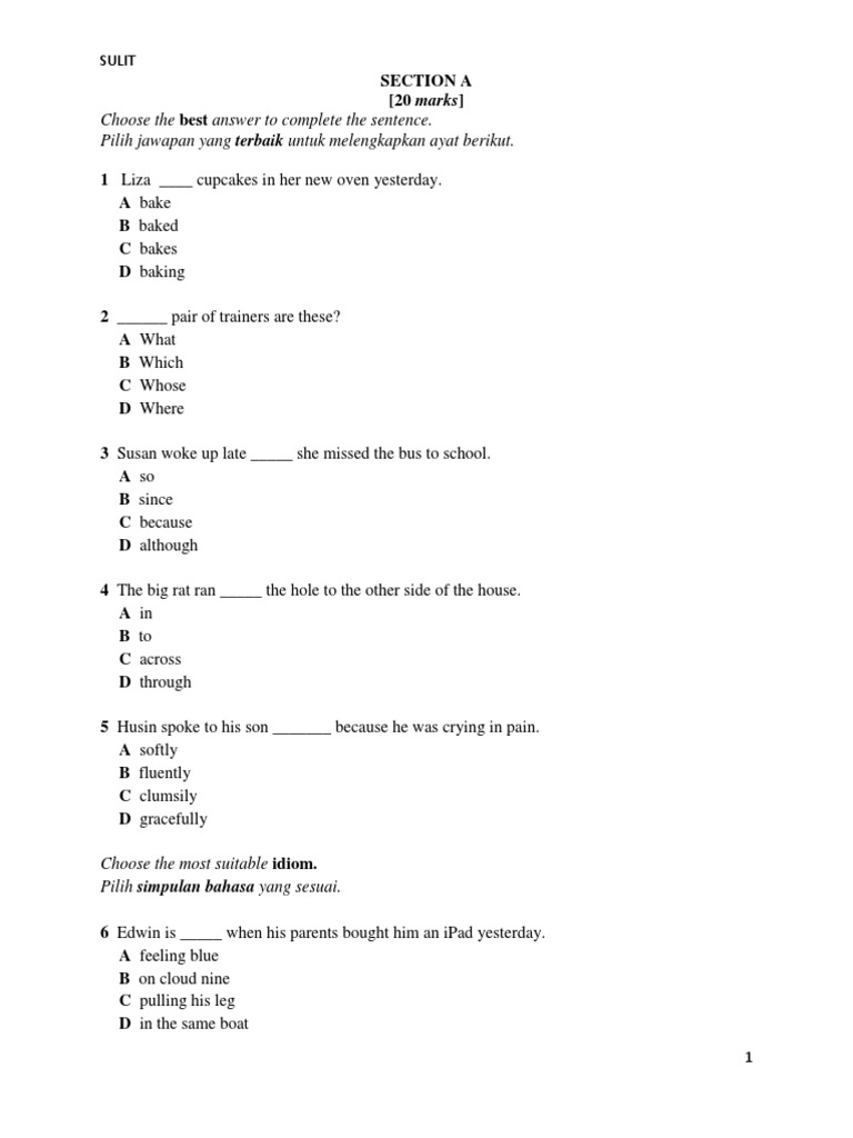 English P1 Pemahaman A Final | PDF